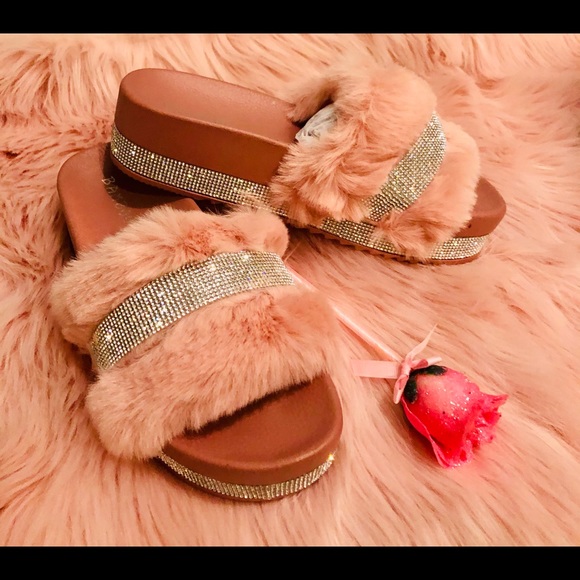 Shoes | Furry Rhinestone Platform Slides | Poshmark